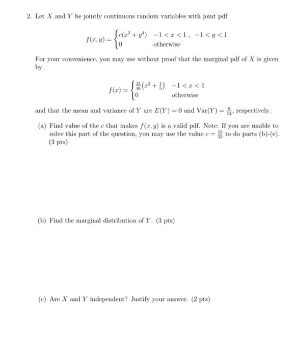 Solved 2. Let X and Y be jointly continuous random variables | Chegg.com