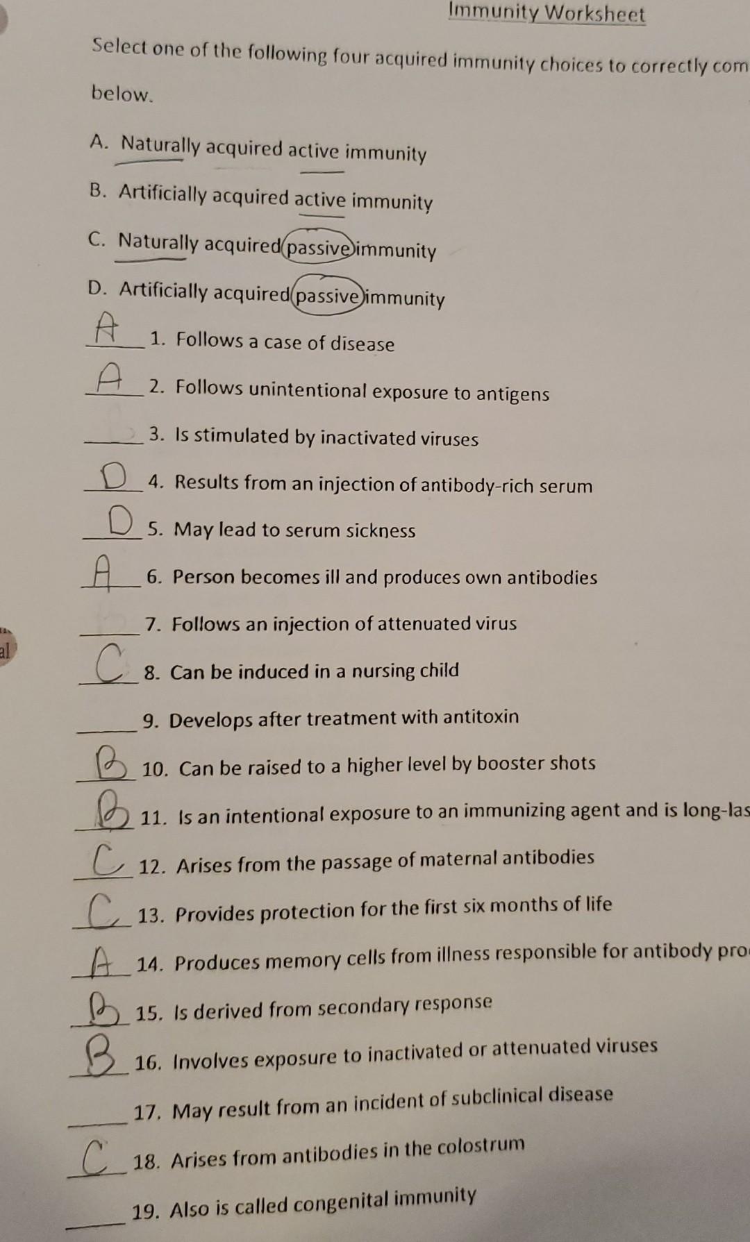Solved Immunity Worksheet Select one of the following four | Chegg.com