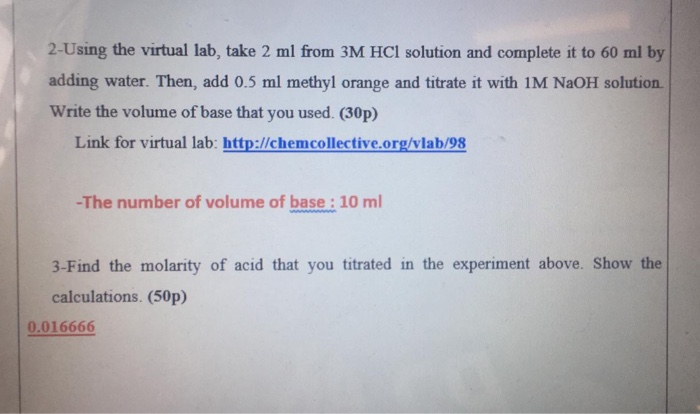 Solved 2-Using the virtual lab, take 2 ml from 3M HCl | Chegg.com
