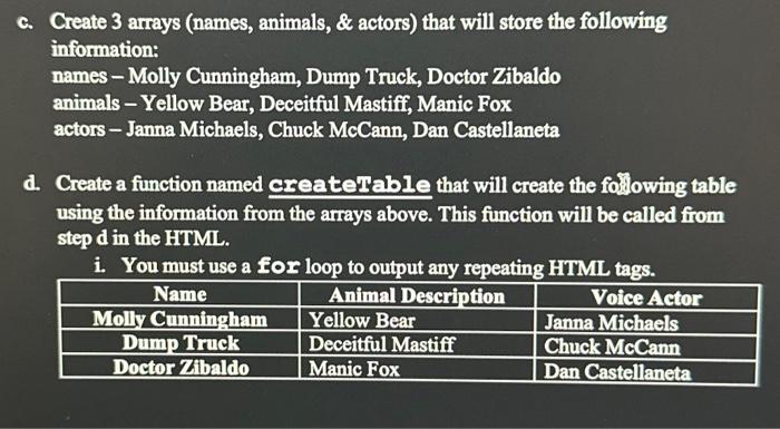 Solved Create 3 arrays (names, animals, & actors) that will | Chegg.com