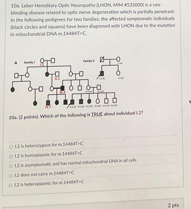 Solved 10a. Leber Hereditary Optic Neuropathy (LHON, MIM | Chegg.com