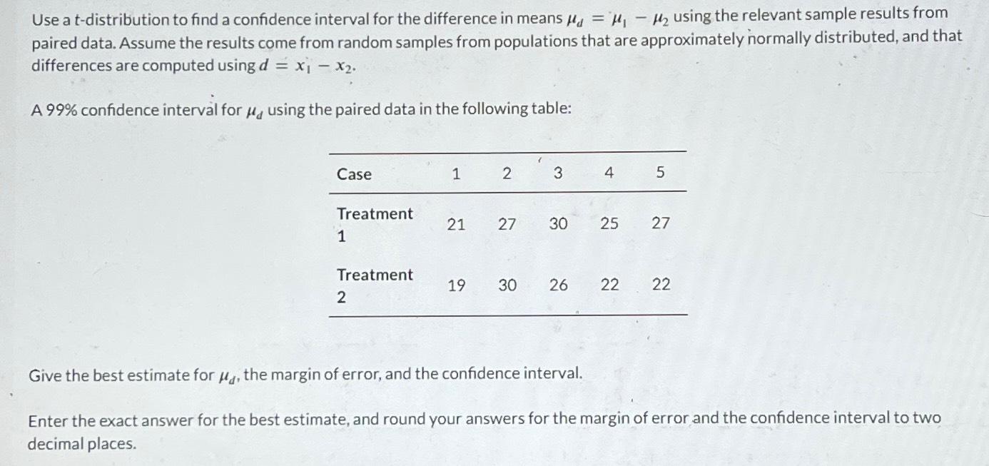 Solved Use a t-distribution to find a confidence interval | Chegg.com