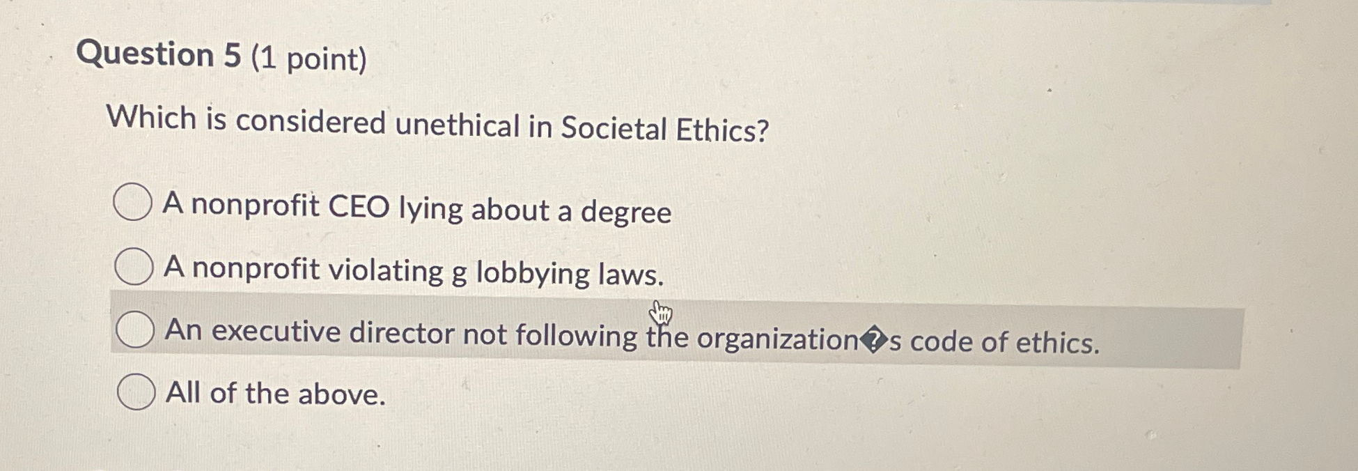 Solved Question 5 (1 ﻿point)Which is considered unethical in | Chegg.com