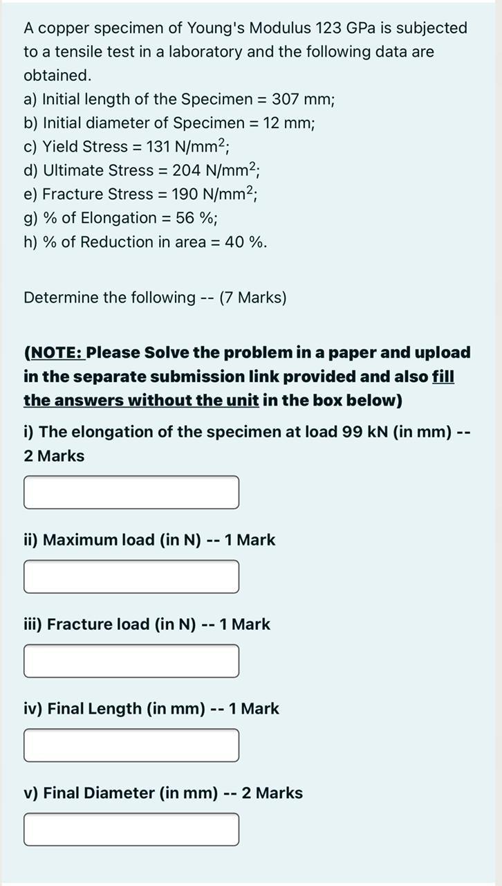 Solved A copper specimen of Young's Modulus 123 GPa is | Chegg.com