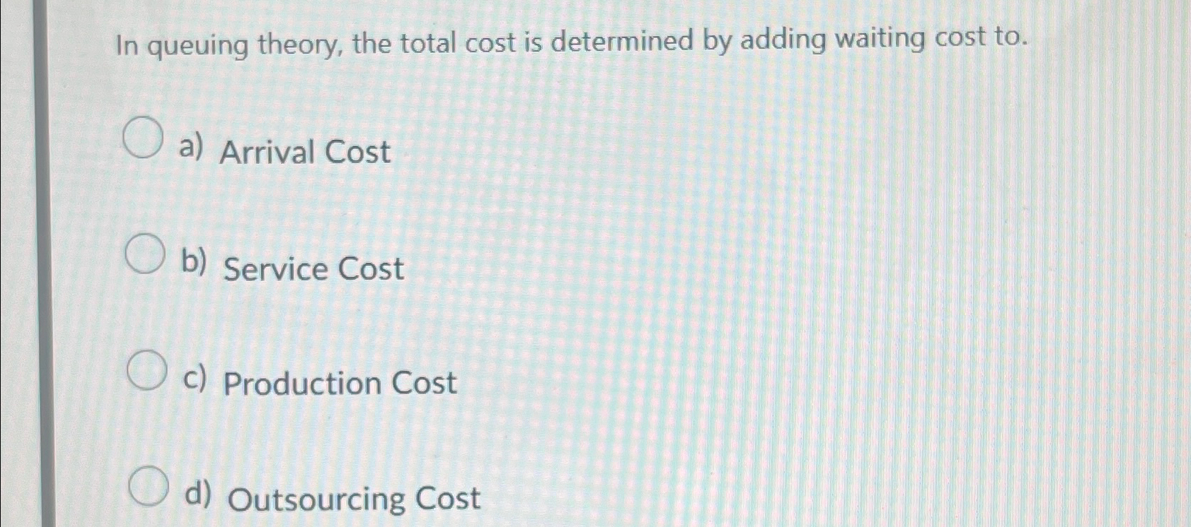 Solved In queuing theory, the total cost is determined by | Chegg.com