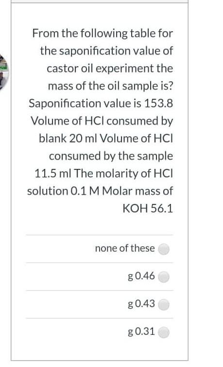 Solved From the following table for the saponification value | Chegg.com