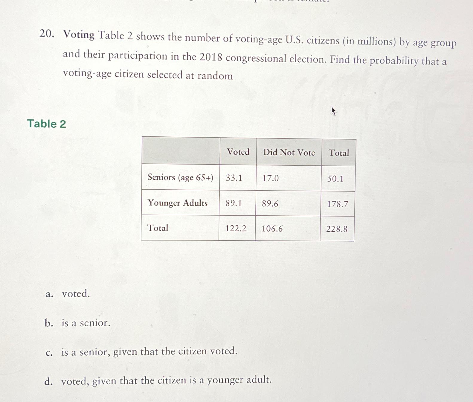 Solved Voting Table 2 ﻿shows the number of voting-age U.S. | Chegg.com