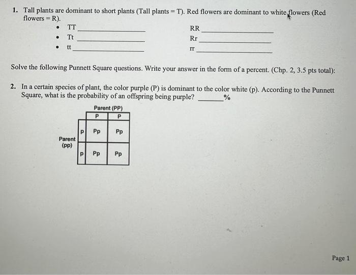 Solved 1. Tall plants are dominant to short plants (Tall | Chegg.com