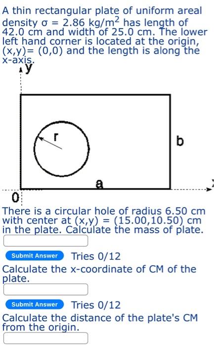 Solved A thin rectangular plate of uniform areal density | Chegg.com