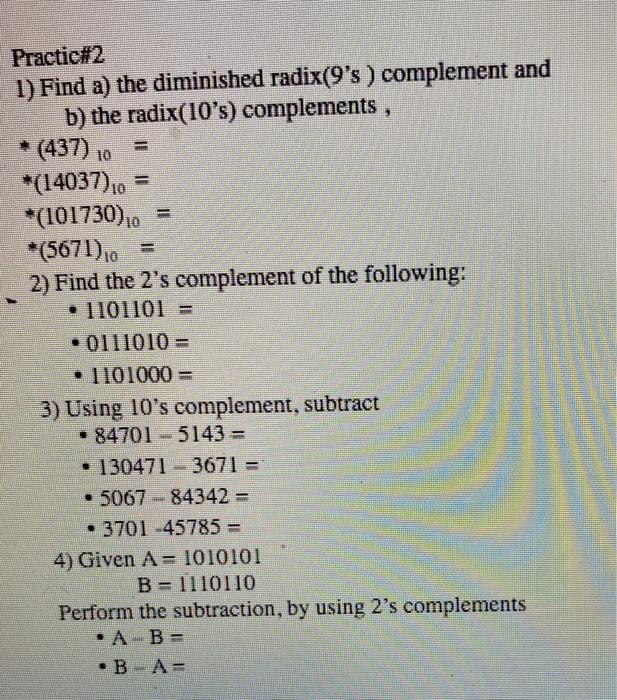 Solved Practic#2 1) Find a) the diminished radix(9's ) | Chegg.com