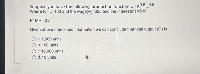 Solved Suppose you have the following production function | Chegg.com