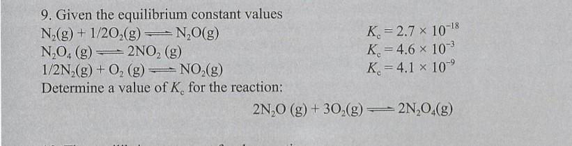 Solved 9. Given the equilibrium constant values N2( | Chegg.com