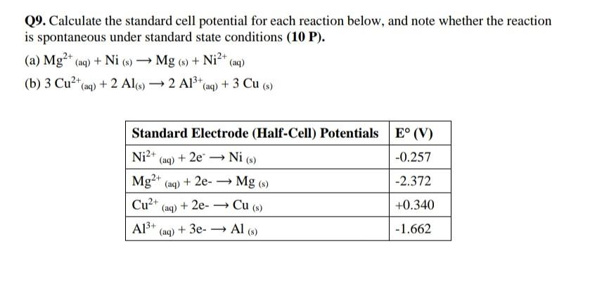 Solved 09. Calculate the standard cell potential for each | Chegg.com