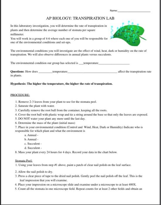 Name AP BIOLOGY: TRANSPIRATION LAB In this laboratory | Chegg.com