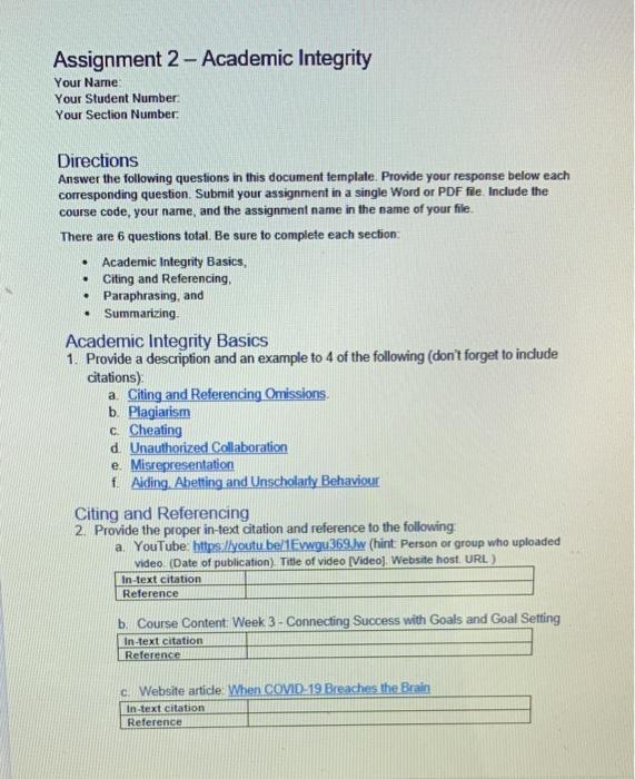 Assignment 2- Academic Integrity Your Name Your | Chegg.com