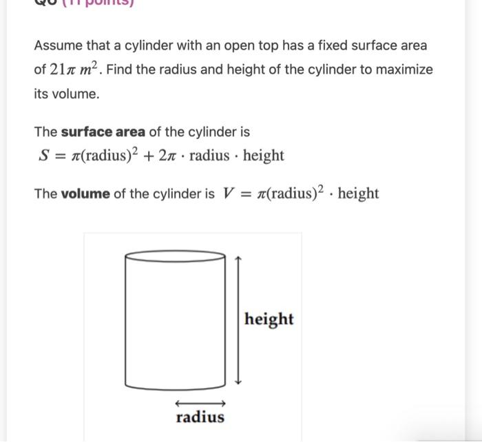 Solved Assume that a cylinder with an open top has a fixed | Chegg.com