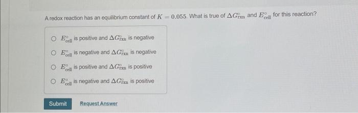 Solved A redox reaction has an equilibrium constant of | Chegg.com