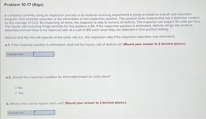 Solved A company currently using an inspection process in | Chegg.com