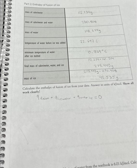 Solved Part 2. Enthalpy of fusion of ice mass of calorimeter | Chegg.com
