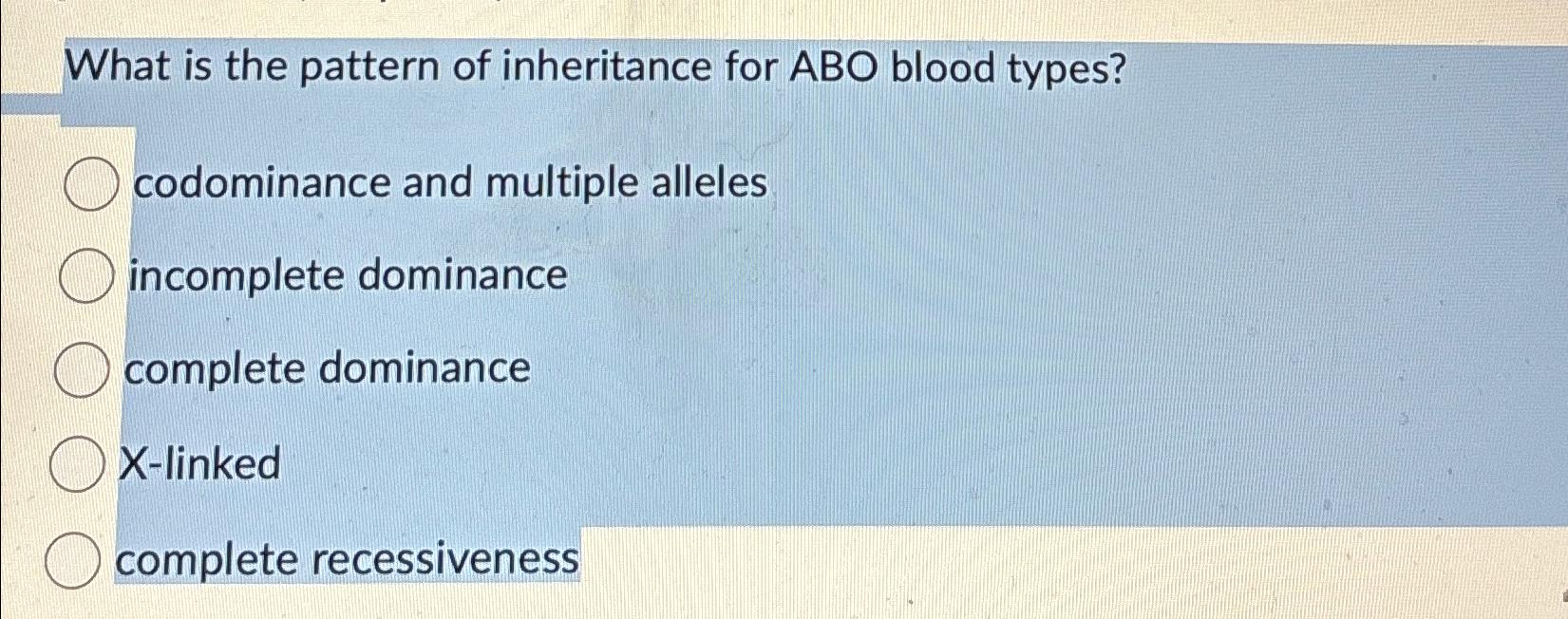 Solved What is the pattern of inheritance for ABO blood | Chegg.com