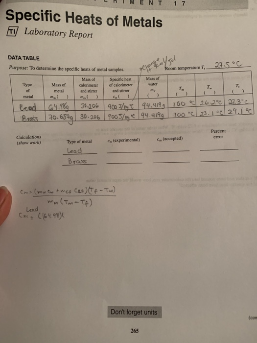 Solved LIMENT 1 7 Specific Heats of Metals 1 Laboratory | Chegg.com