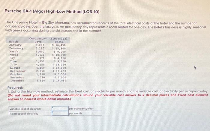 Solved Exercise 6A-1 (Algo) High-Low Method [LO6-10] The | Chegg.com