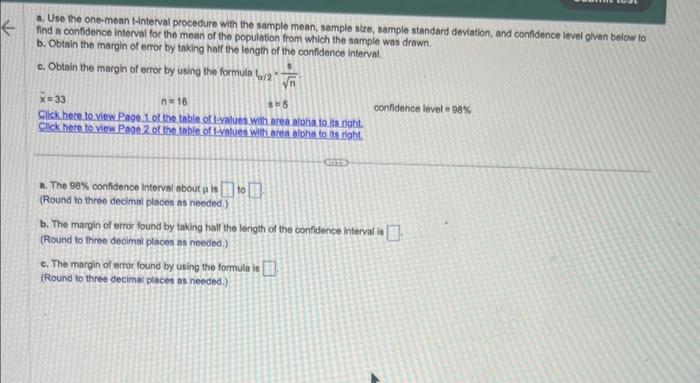 Solved a. Use the one-mean I-interval procedure wht the | Chegg.com