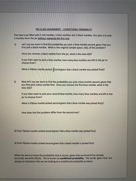 Solved PRE-CLASS ASSIGNMENT - CONDITIONAL PROBABILITY You | Chegg.com