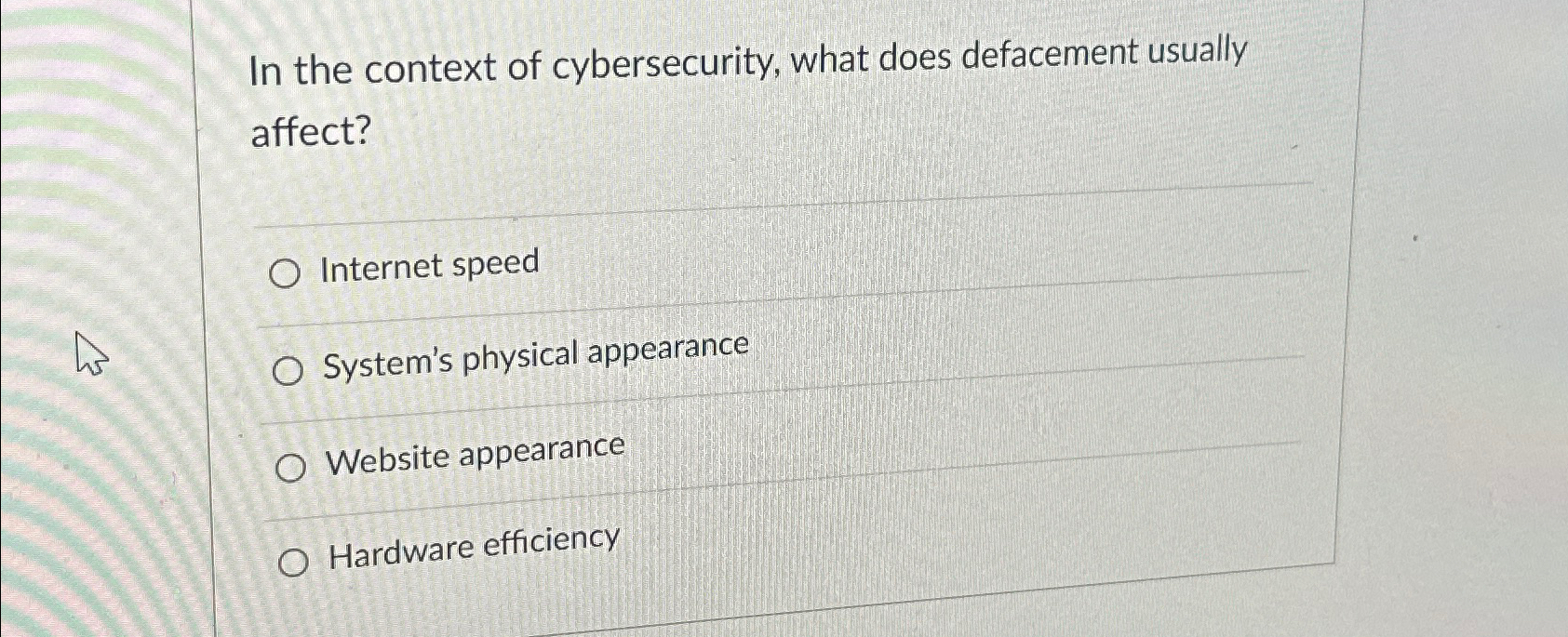 Solved In the context of cybersecurity, what does defacement | Chegg.com