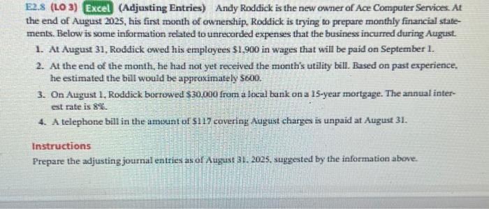 Solved E2.S (LO 3) Excel (Adjusting Entries) Andy Roddick is | Chegg.com