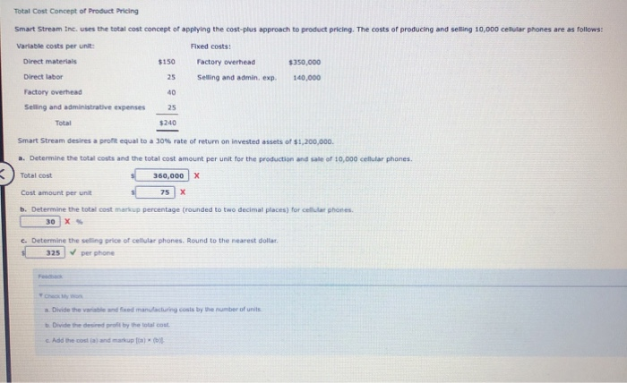 Solved Total Cost Concept of Product Pricing Smart Stream | Chegg.com Solved Total Cost Concept of Product Pricing Smart Stream | Chegg.com
