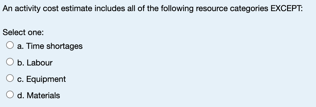 Solved An activity cost estimate includes all of the | Chegg.com