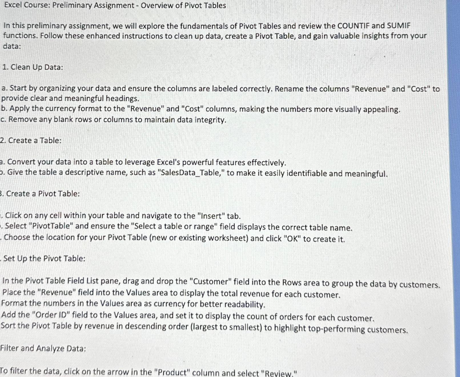 Solved Excel Course: Preliminary Assignment - ﻿Overview of | Chegg.com