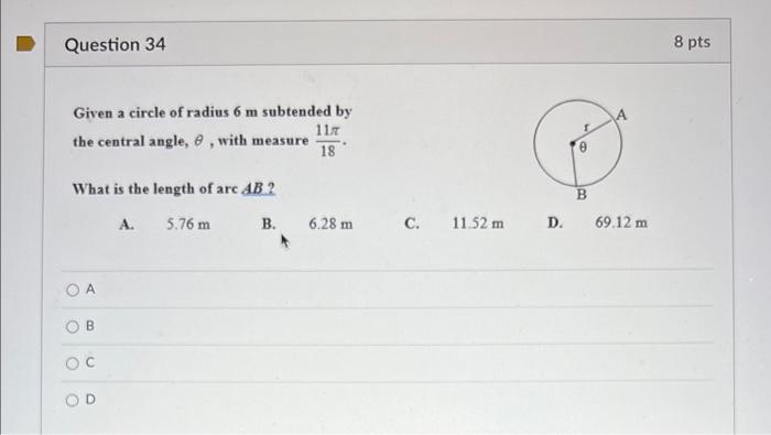 Solved Given a circle of radius 6 m subtended by the central | Chegg.com