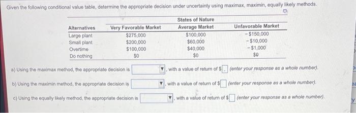 Solved Given the following conditional value table, | Chegg.com
