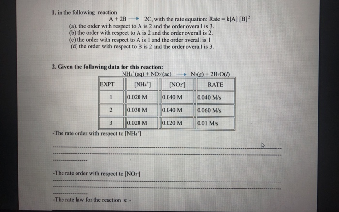 Solved 1. in the following reaction A + 2B 2 C, with the | Chegg.com