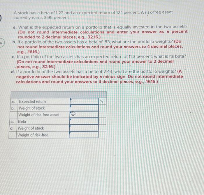 Solved A stock has a beta of 1.23 and an expected return of | Chegg.com
