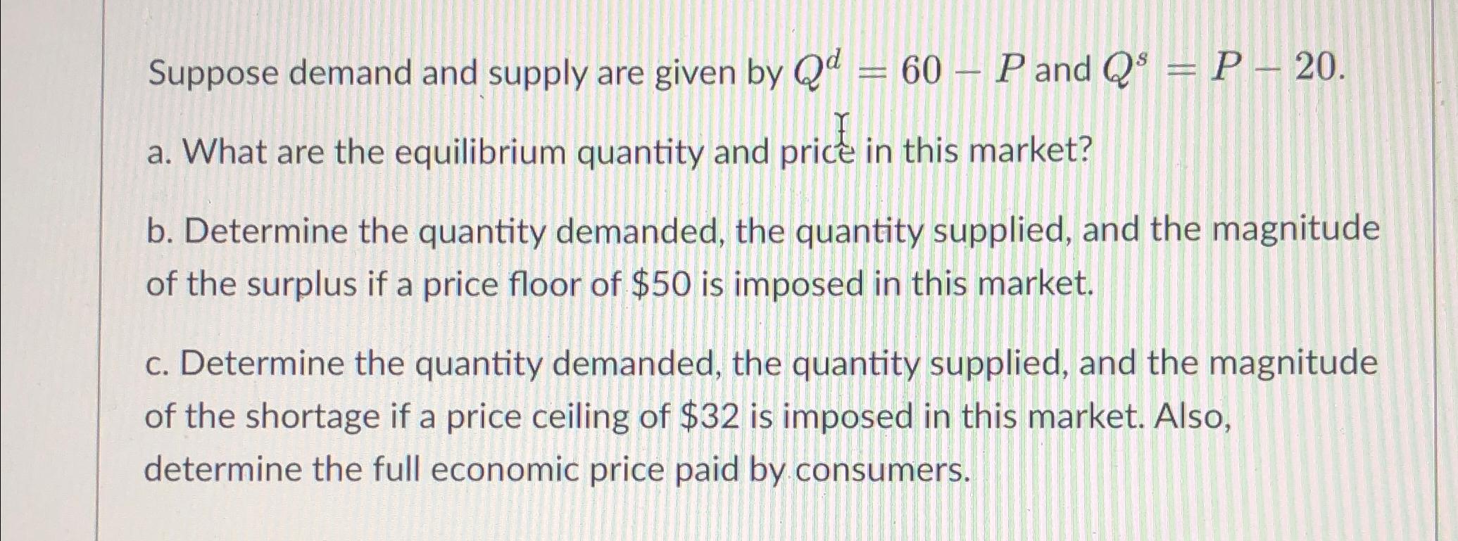 Solved Suppose demand and supply are given by Qd=60-P ﻿and | Chegg.com