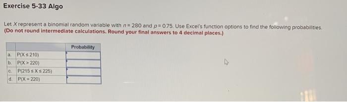 Solved Exercise 5-33 Algo Let X represent a binomial random | Chegg.com