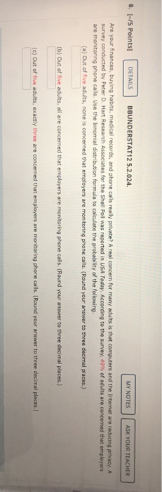 Solved 8. (-/5 Points) DETAILS BBUNDERSTAT12 5.2.024. MY | Chegg.com