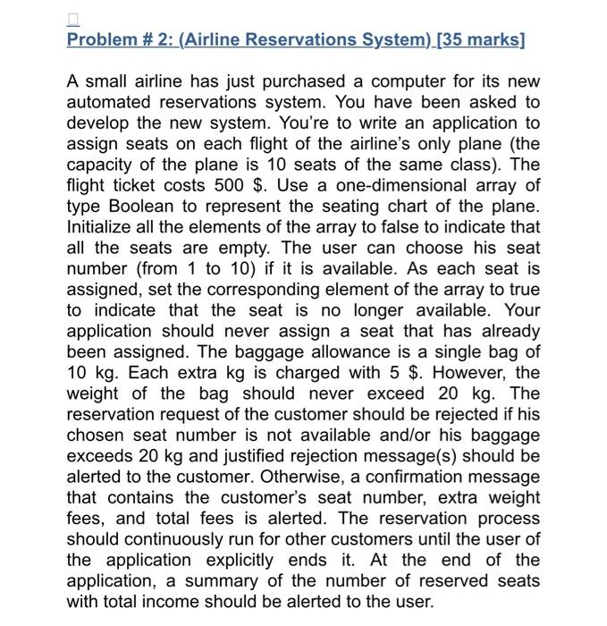 Solved Problem \# 2: (Airline Reservations System)_[ 35 | Chegg.com