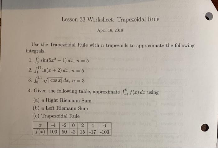 Solved Lesson 33 Worksheet: Trapezoidal Rule April 16, 2018 | Chegg.com