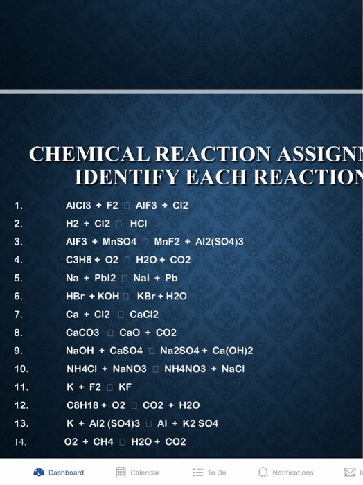 Solved CHEMICAL REACTION ASSIGNI IDENTIFY EACH REACTION | Chegg.com