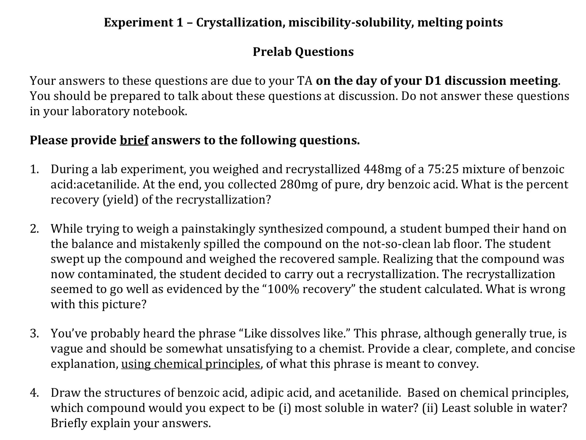 Solved Experiment 1 - ﻿Crystallization, | Chegg.com