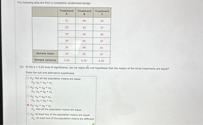 Solved The following data are from a completely randomized | Chegg.com