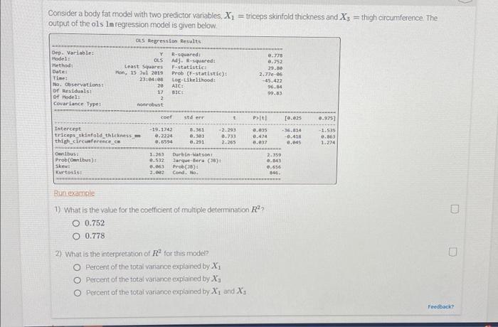 Solved Consider a body fat model with two predictor | Chegg.com
