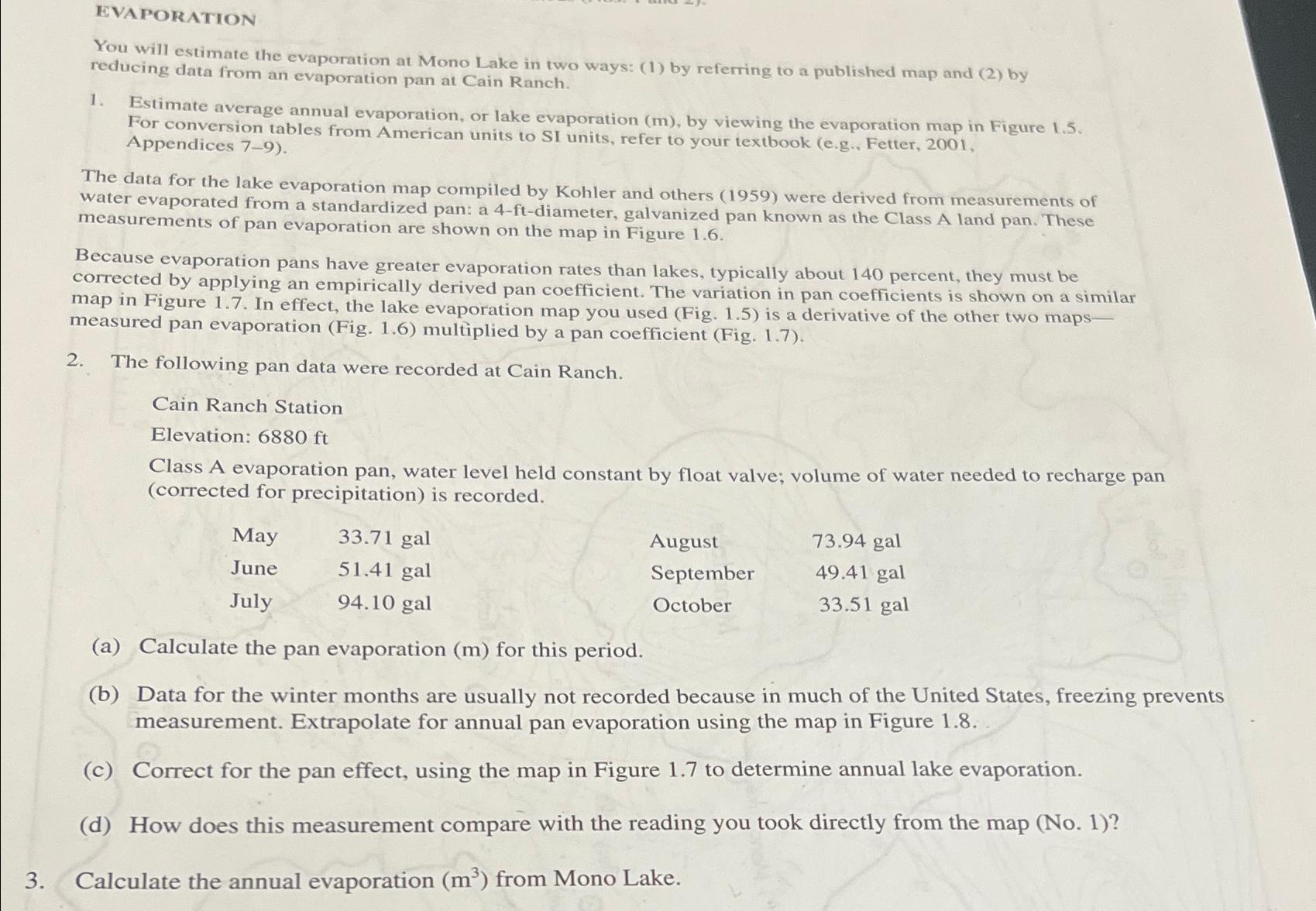 Solved EVAPORATIONYou will estimate the evaporation at Mono | Chegg.com