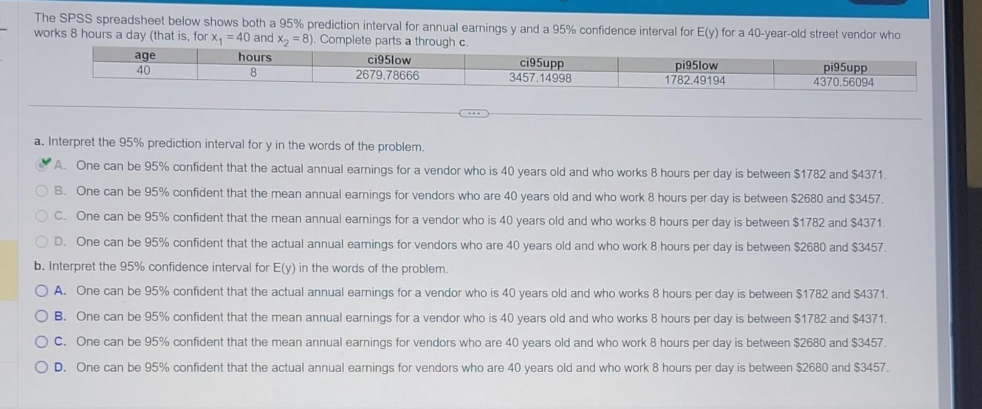 Solved The SPSS spreadsheet below shows both a 95% | Chegg.com