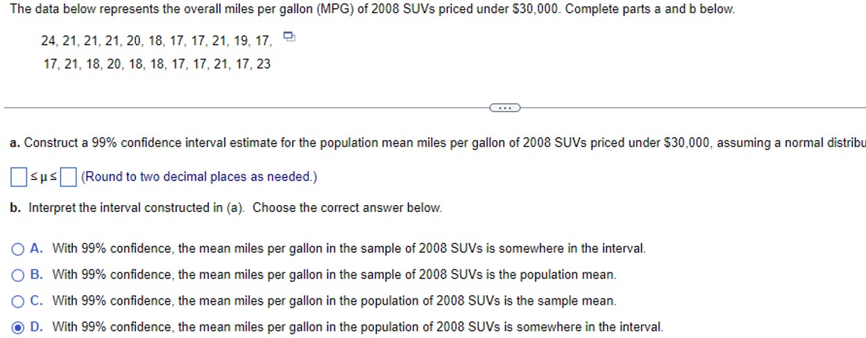 Solved The data below represents the overall miles per | Chegg.com
