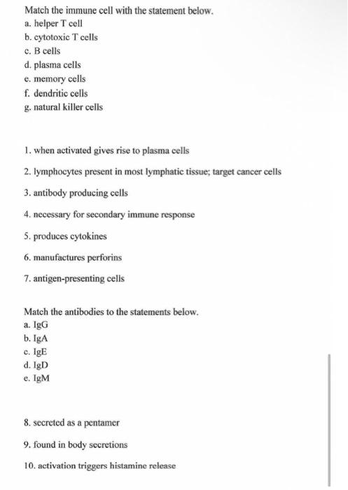Solved Match the immune cell with the statement below. a. | Chegg.com